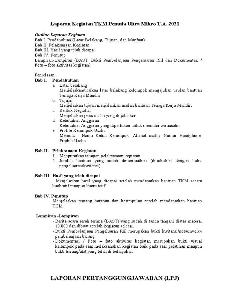 LPJ Teknis & Keuangan TKM Pemula Ultra Mikro 2021 | PDF