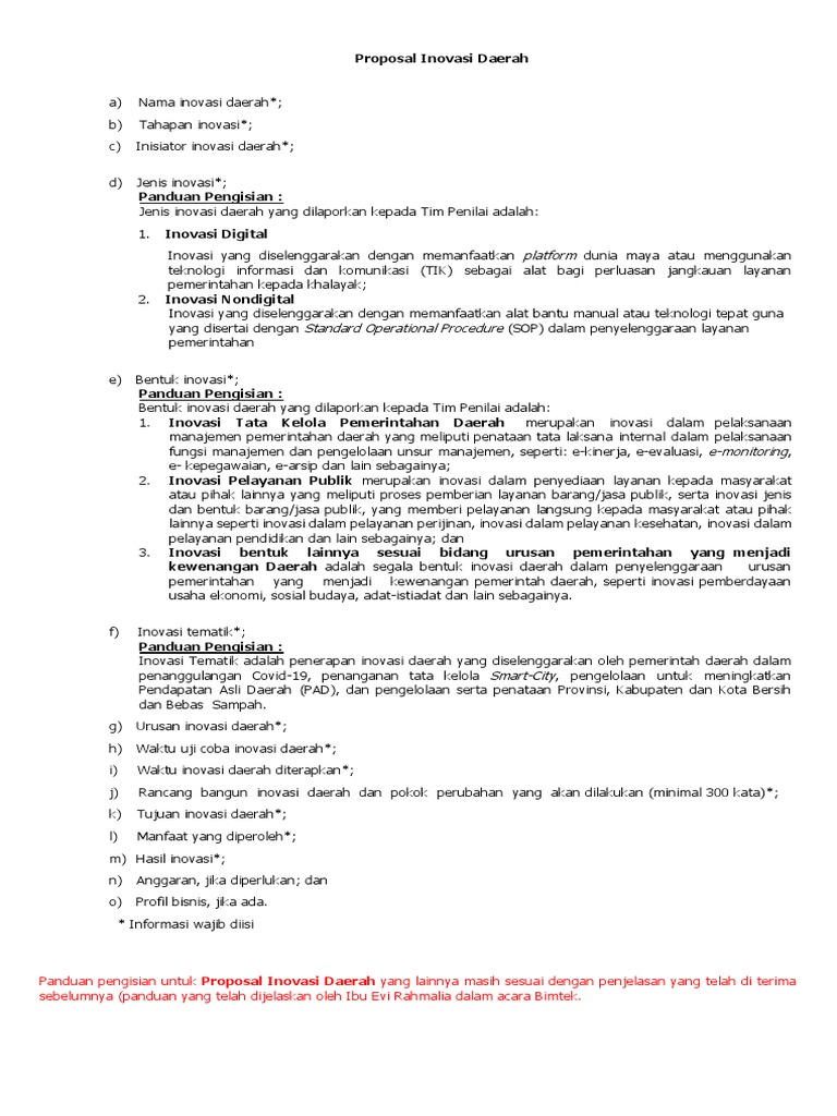 Proposal Dan Satuan Inovasi Daerah Format 2022 | PDF