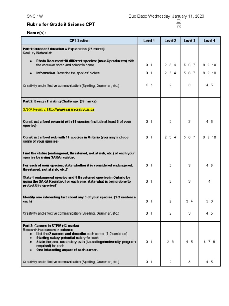 Grade 9 Science CPT Rubric Guide | PDF | Cognition | Science
