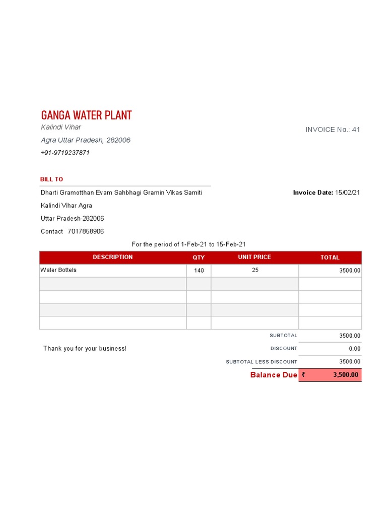Water Invoice for Ganga Water Plant | PDF