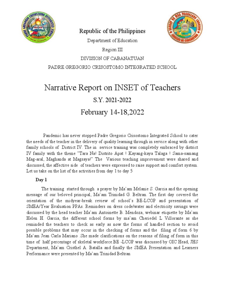 Narrative Report Inset Feb.14 18,2022 | PDF | Learning