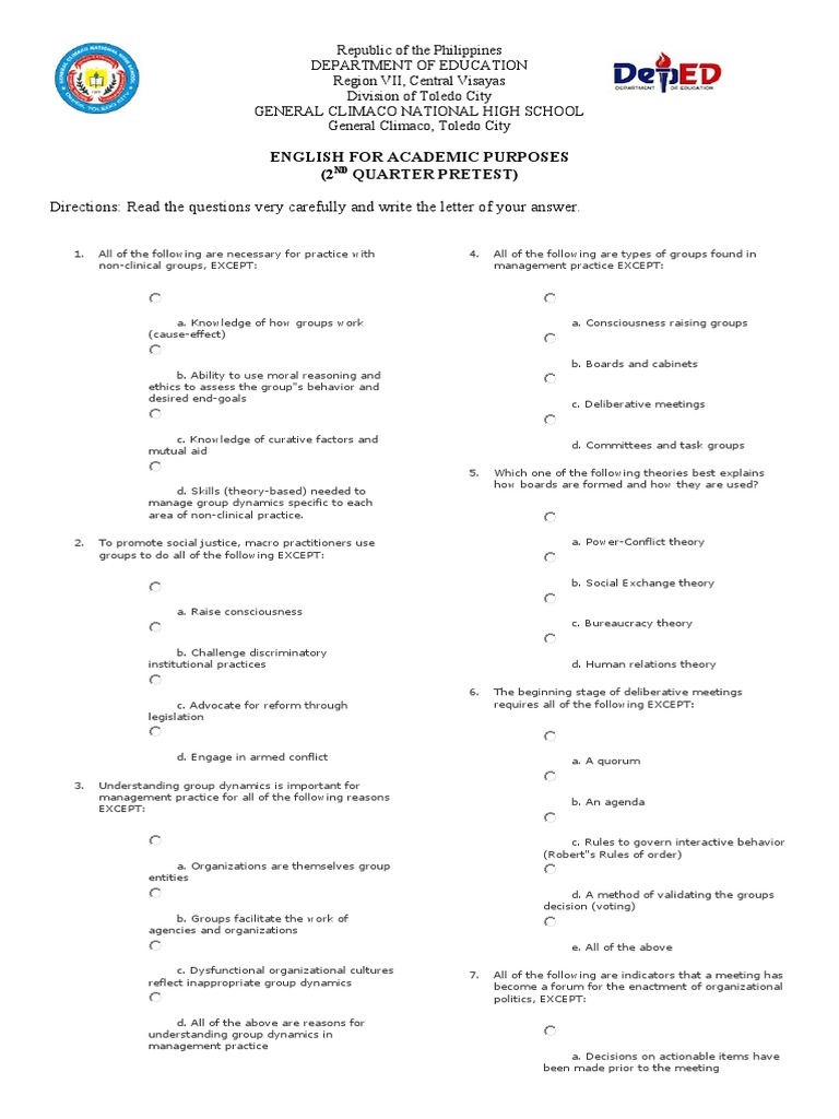 EAPP TESTPAPER PRETEST 2nd QUARTER | PDF