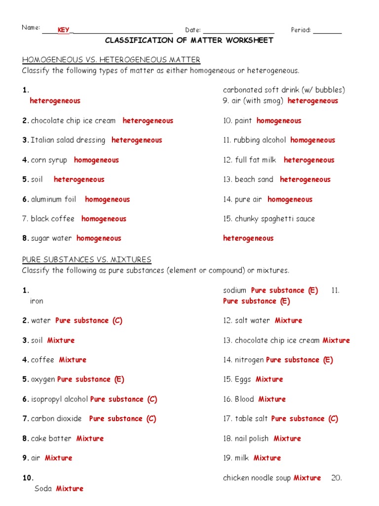 Classification of Matter Worksheet | PDF | Mixture | Sodium Bicarbonate