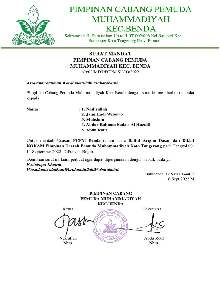 Surat Mandat PCPM Kec. Benda | PDF