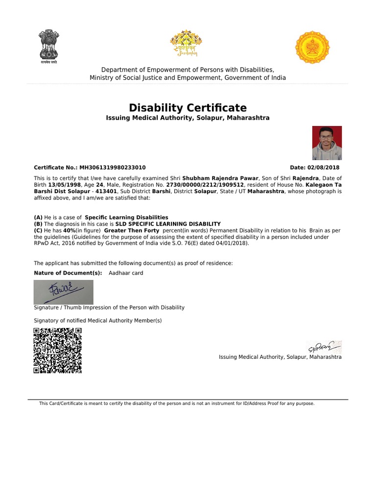 Disability Certificate | PDF