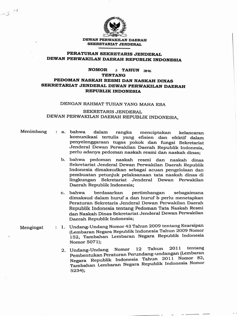 PERSEKJEN DPD RI No. 2 Tahun 2016 - Pedoman Naskah Resmi Dan Naskah Dinas Setjen DPD RI (Tanpa ...