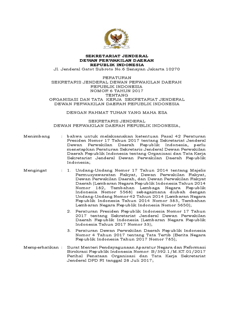 PERSEKJEN DPD RI No. 6 Tahun 2017 - Organisasi Dan Tata Kerja Setjen ...