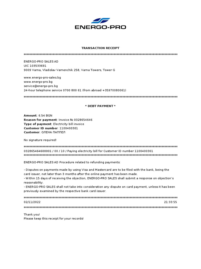 Energo Pro Transaction 032865464600001 | PDF