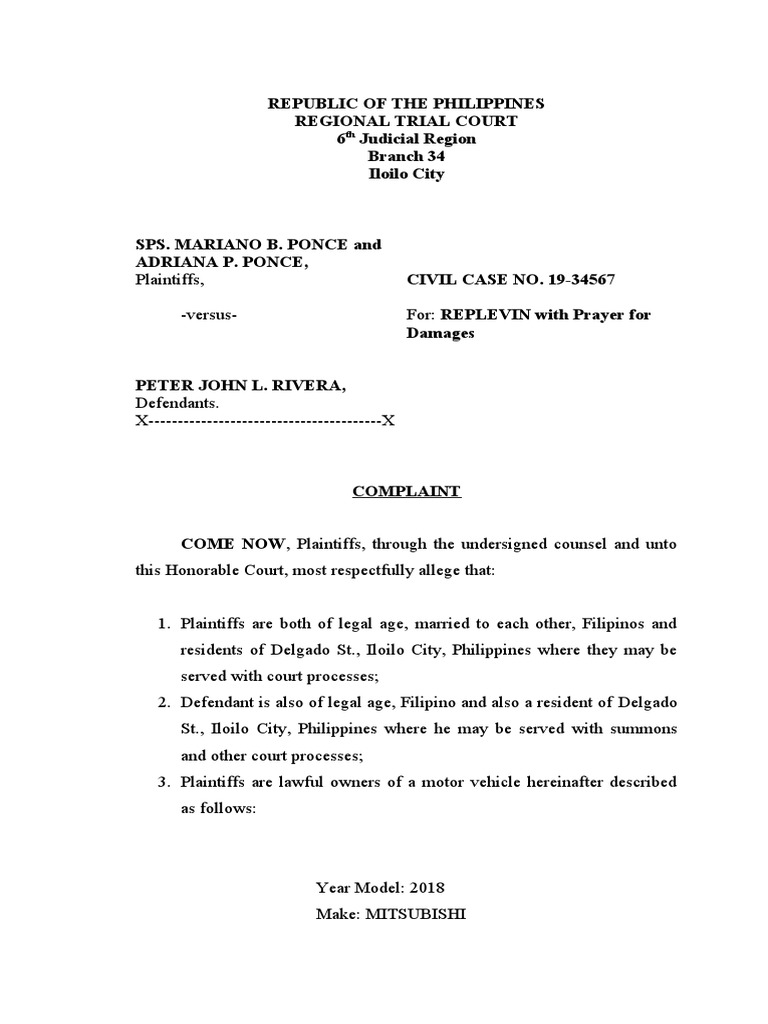 Replevin Case: Ponce vs. Rivera | PDF | Complaint | Lawsuit