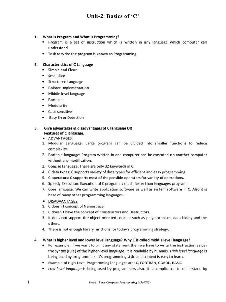 Notes Unit 2 Basics Of C Pdf