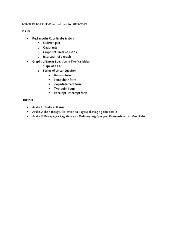 Pointers To Review Second Quarter 2022-2023 | PDF