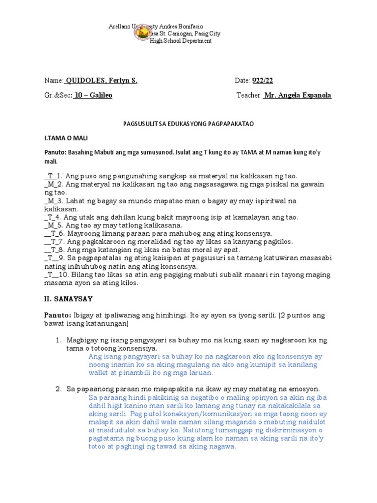 Pagsusulit Sa ESP | PDF