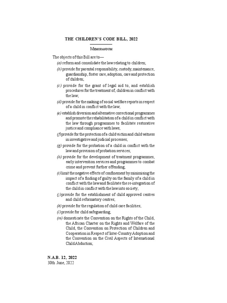 The Children's Code Bill, 2022 Final | PDF | Legal Guardian | Probation