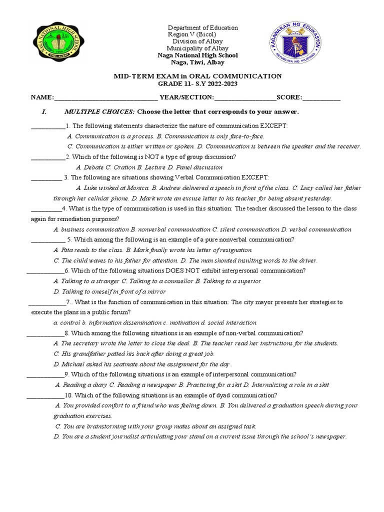 Mid-term exam oral communication | PDF