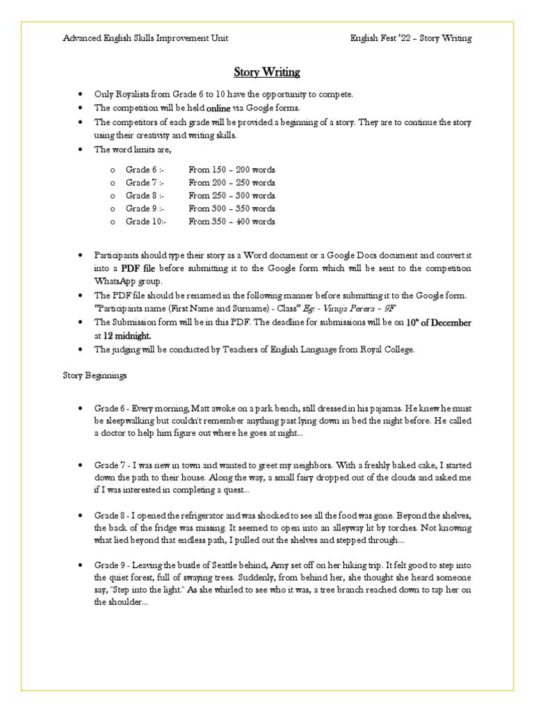 English Fest '22 - Storywriting (Guidelines) | PDF