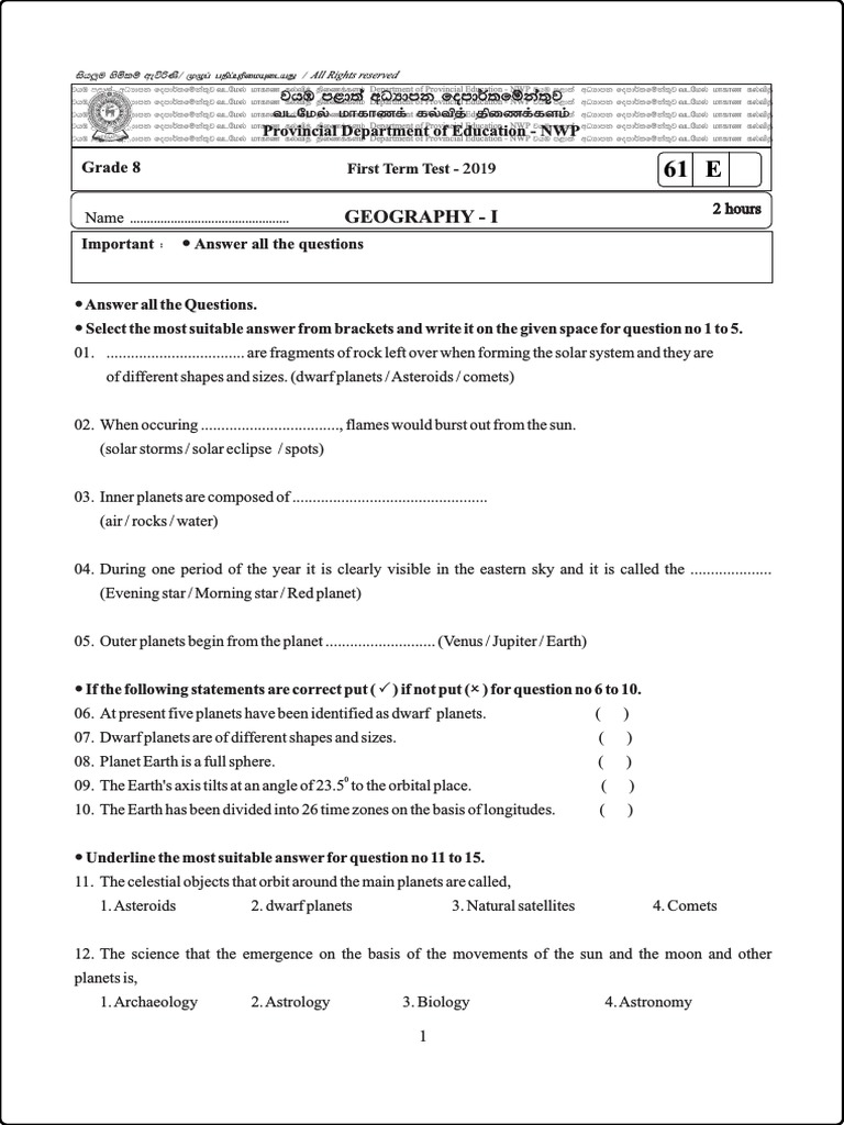Grade 8 Geography 1st Term Test Paper | PDF | Planets | Natural Satellite