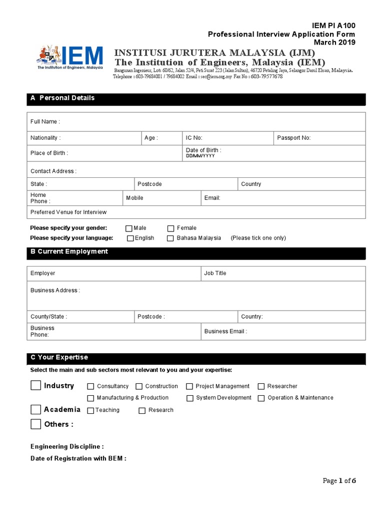 IEM PI A100 - Application Form | PDF | Engineer | Business