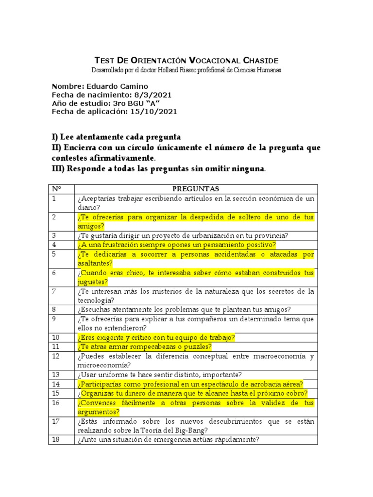 TEST DE ORIENTACIÓN VOCACIONAL CHASIDE A | PDF