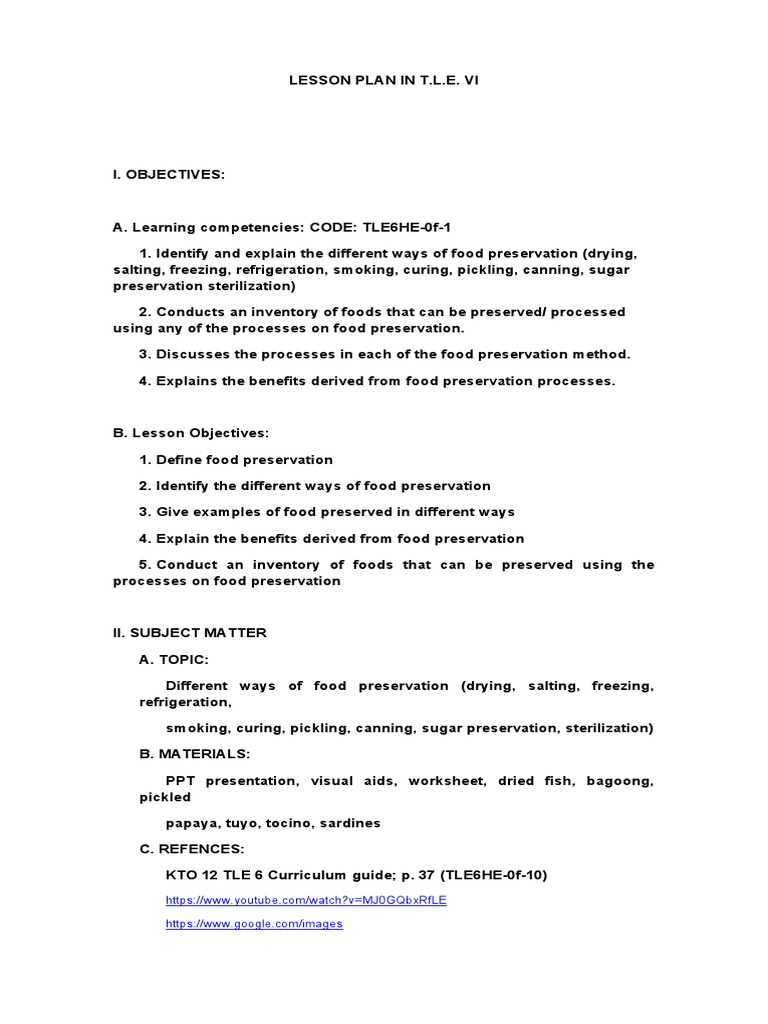 Lesson Plan | PDF | Food Preservation | Pickling