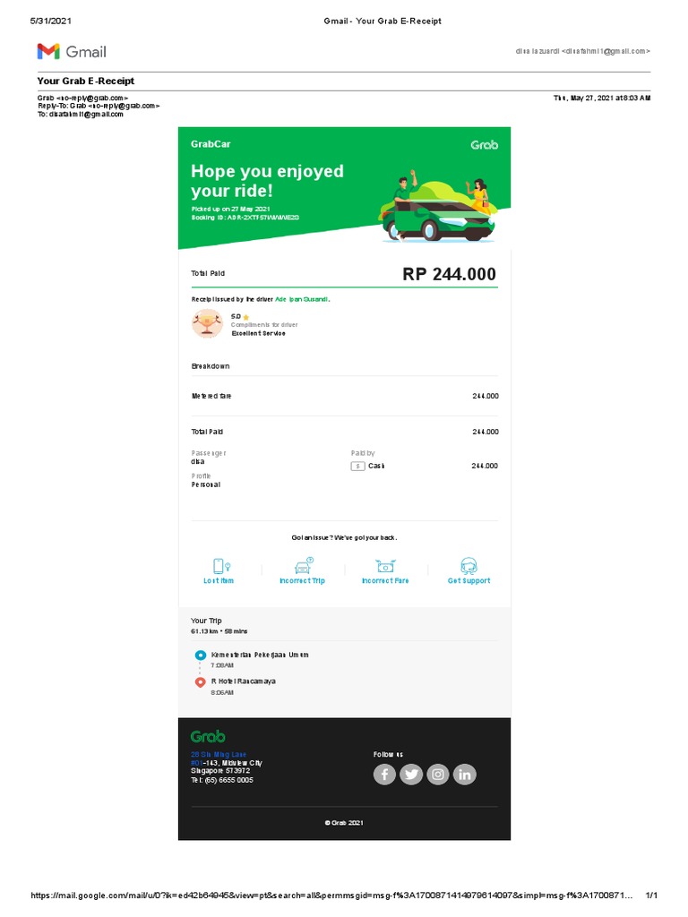 Gmail Your Grab E Receipt PDF