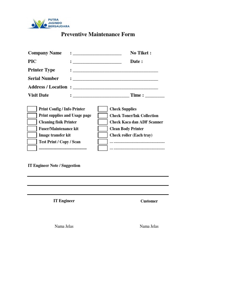 Printer Maintenance Checklist Form | PDF