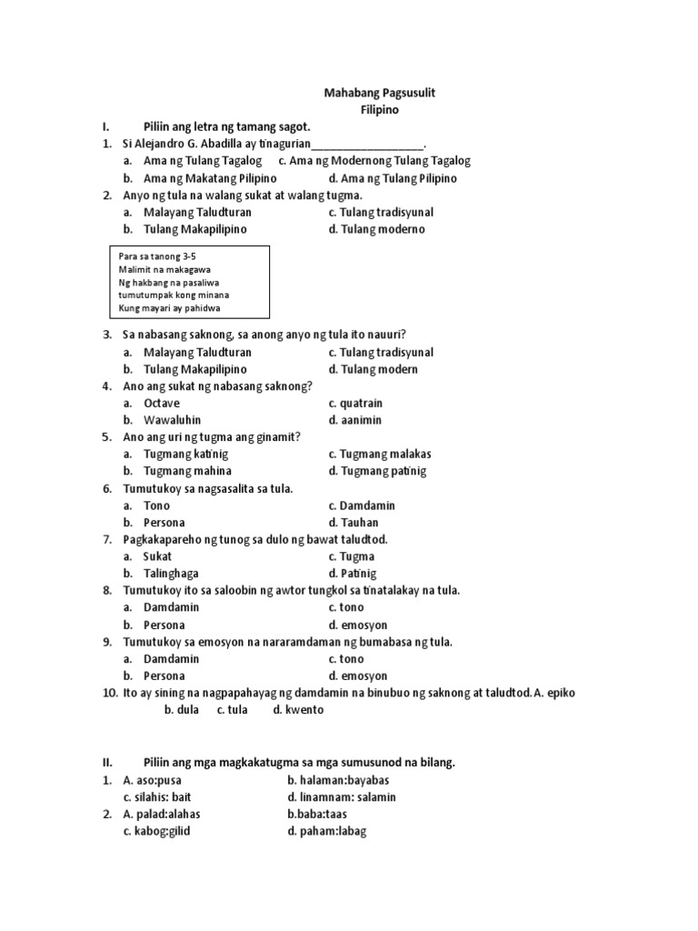 Mahabang Pagsusulit Sa Filipino 8 | PDF