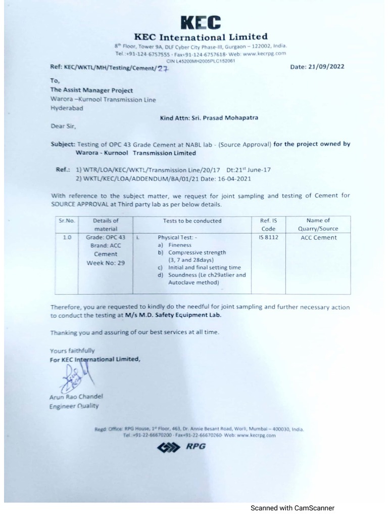 Cement Testing Letter | PDF