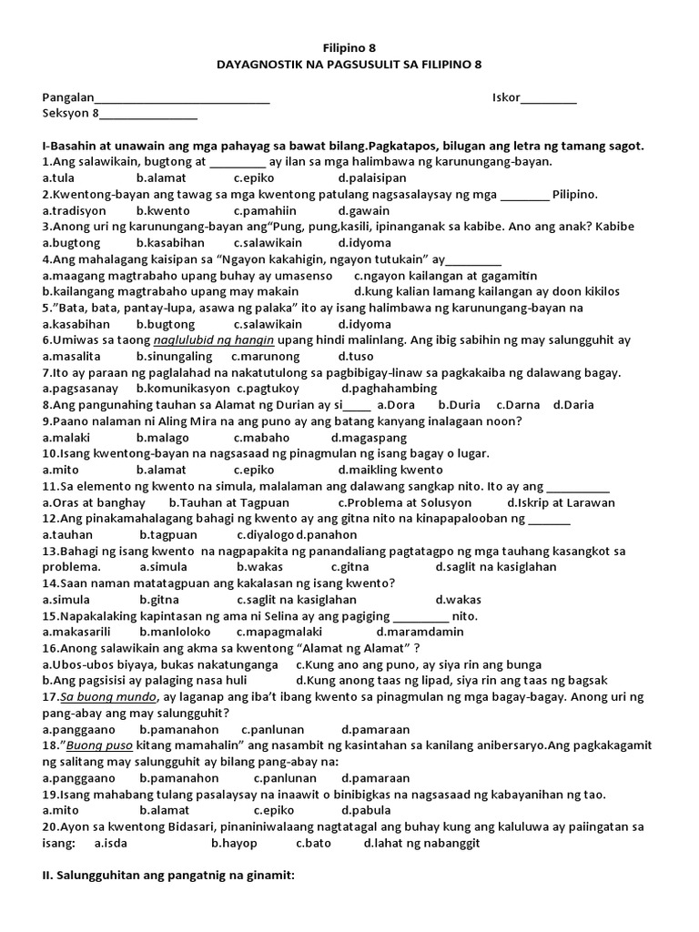 Panimulang Pagsusulit Sa FILIPINO 8 | PDF