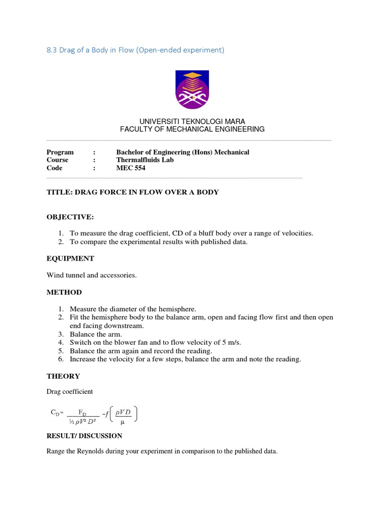 Drag Force in Flow Over A Body - Open-Ended Experiment | PDF