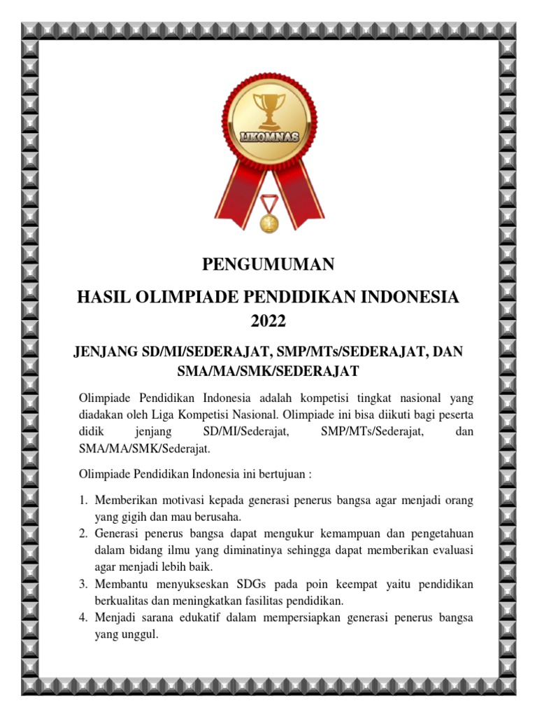 Hasil Olimpiade Pendidikan Indonesia 2022 | PDF