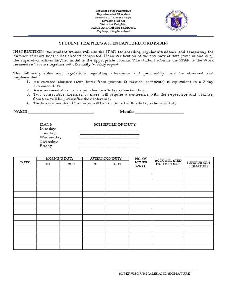 Student Trainee'S Attendance Record (Star) INSTRUCTION: The Student ...