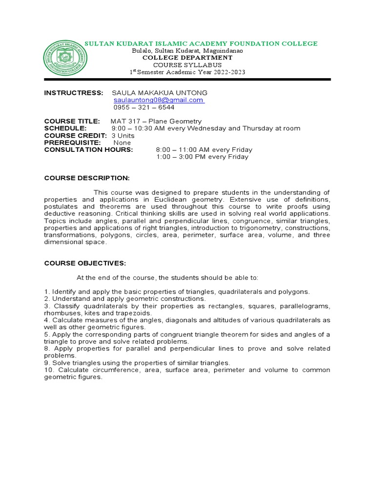 Plane Geometry Course Syllabus 2022-2023 | PDF