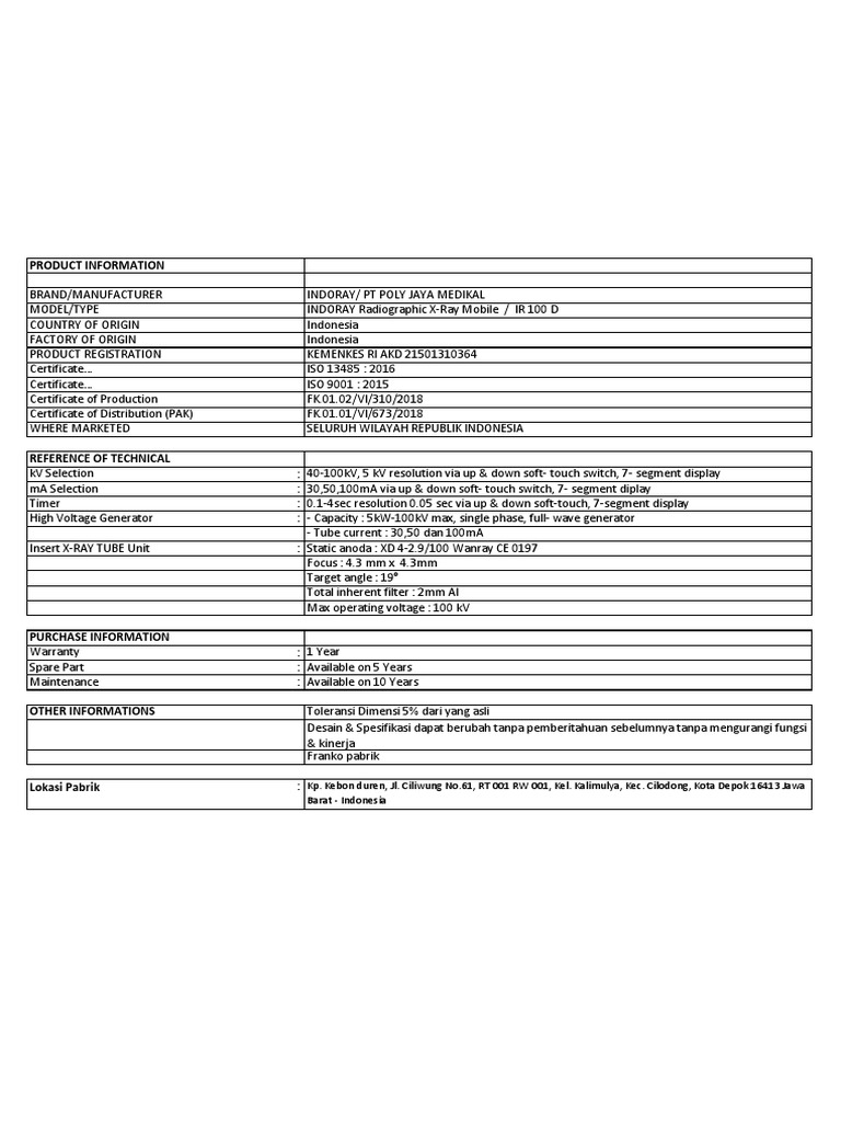 Indoray IR 100 D Mobile X-Ray Info | PDF | Technology & Engineering