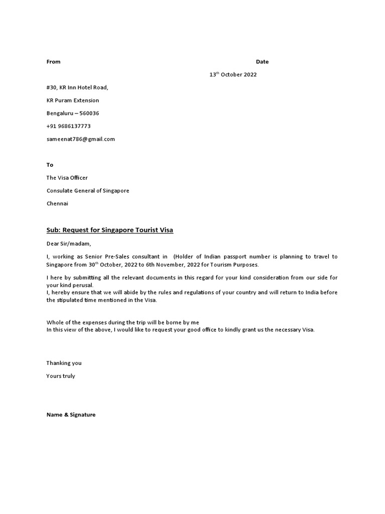Singapore Tourist Visa Cover Letter | PDF