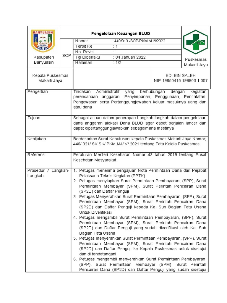 SOP Pengelola Keuangan BLUD | PDF