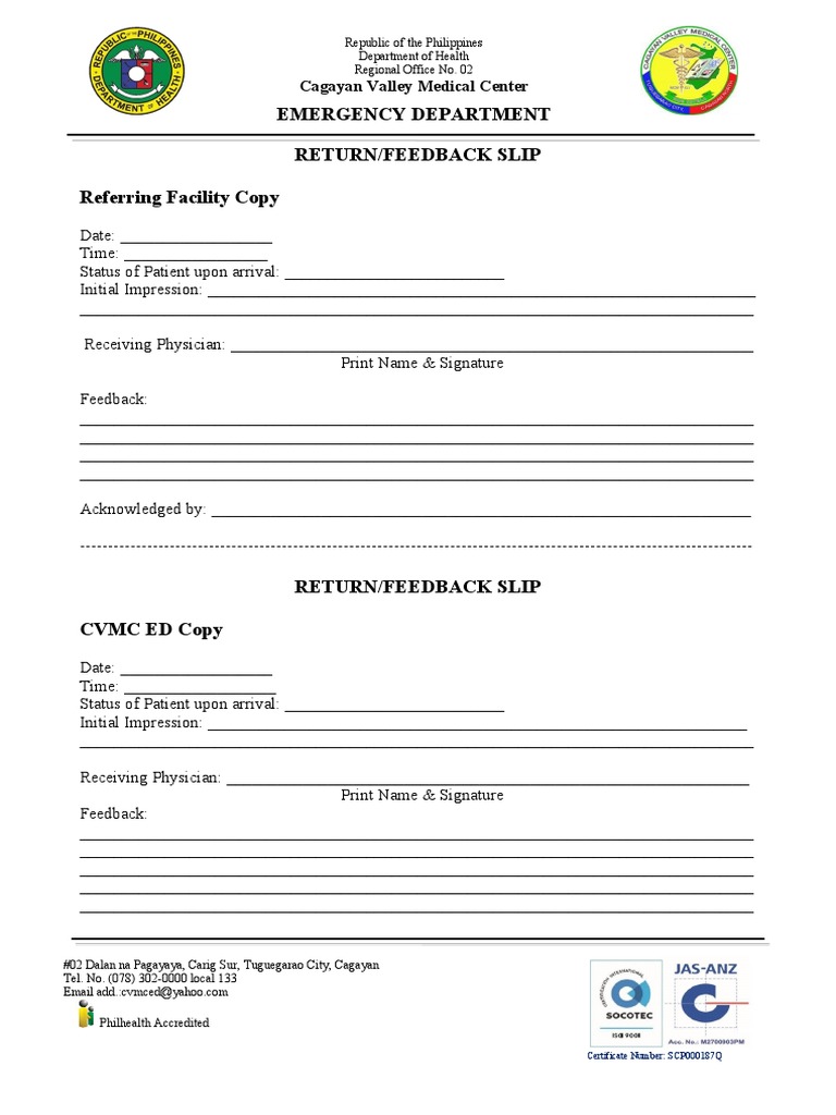 ED RETURN SLIP | PDF | Emergency Department | Health Economics