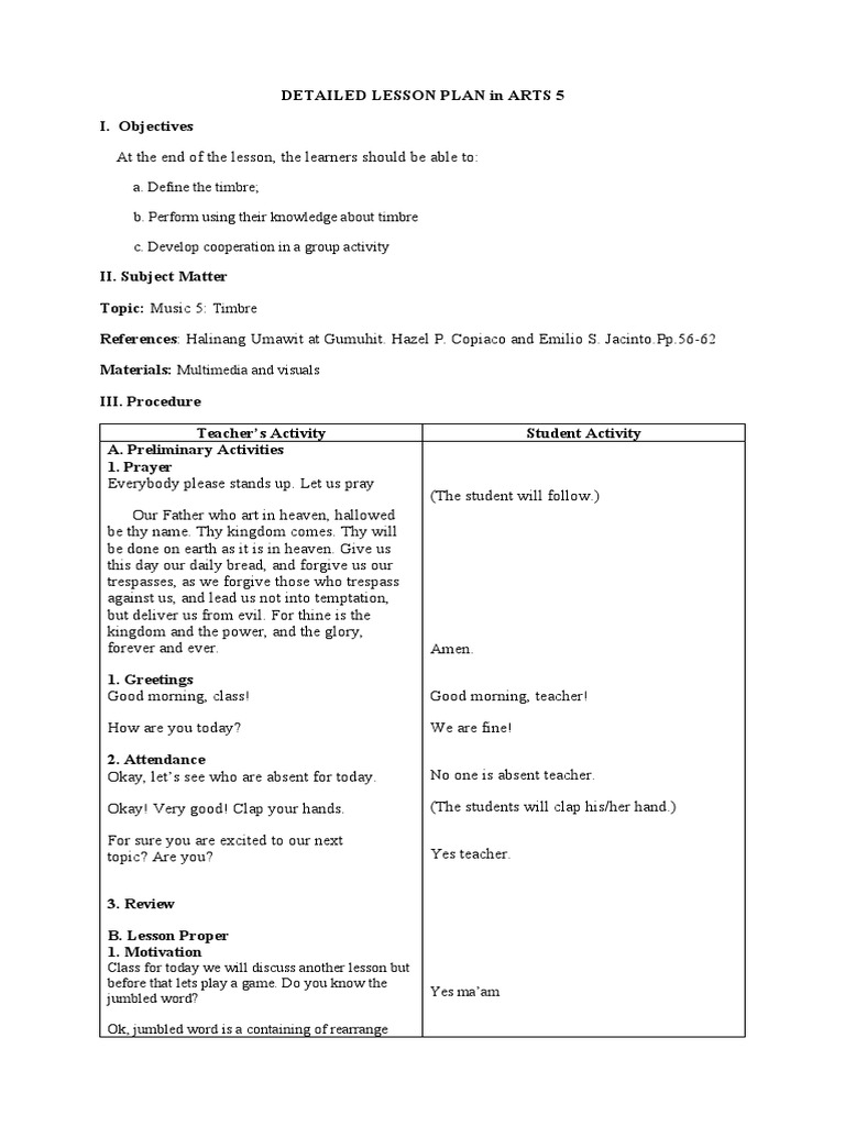 Detailed Lesson Plan in Music 5 | PDF | Language Arts & Discipline | Art
