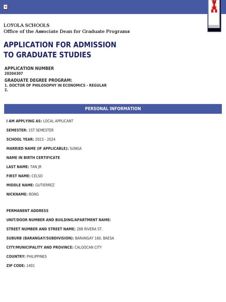 Application Form - CGTJ Ateneo PHD January 2023 | PDF
