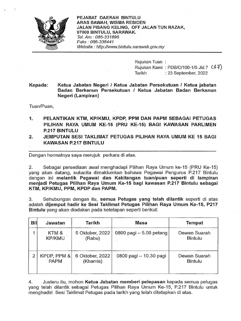 Surat Pelantikan Petugas Pilihan Raya Umum Dan Jemputan Sesi Taklimat | PDF