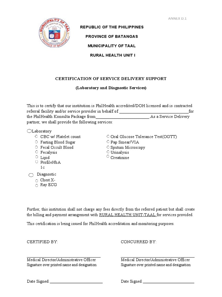 Certification of Service Delivery Support (Laboratory and Diagnostic ...