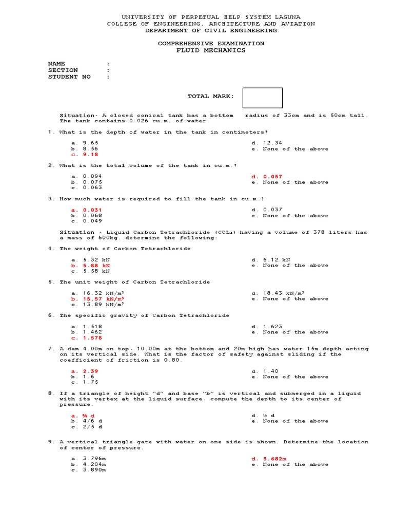 Fluid Mechanics Exam Questions | PDF | Pressure | Liquids