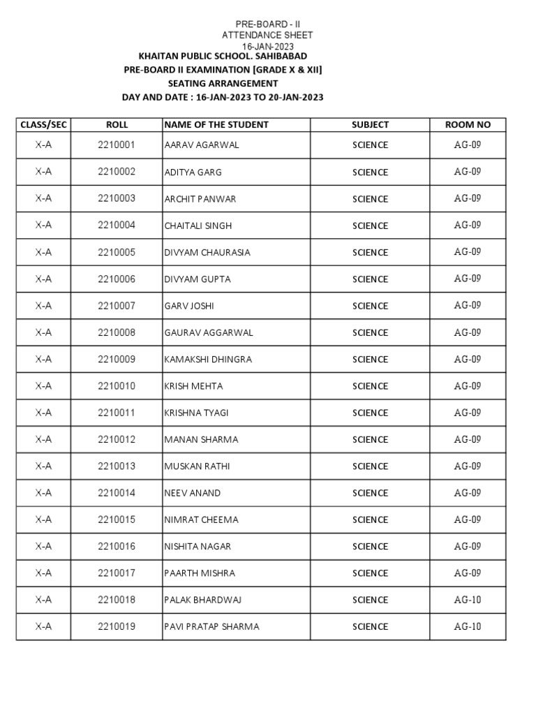 16-Jan Pre-Board Seating Plan | PDF