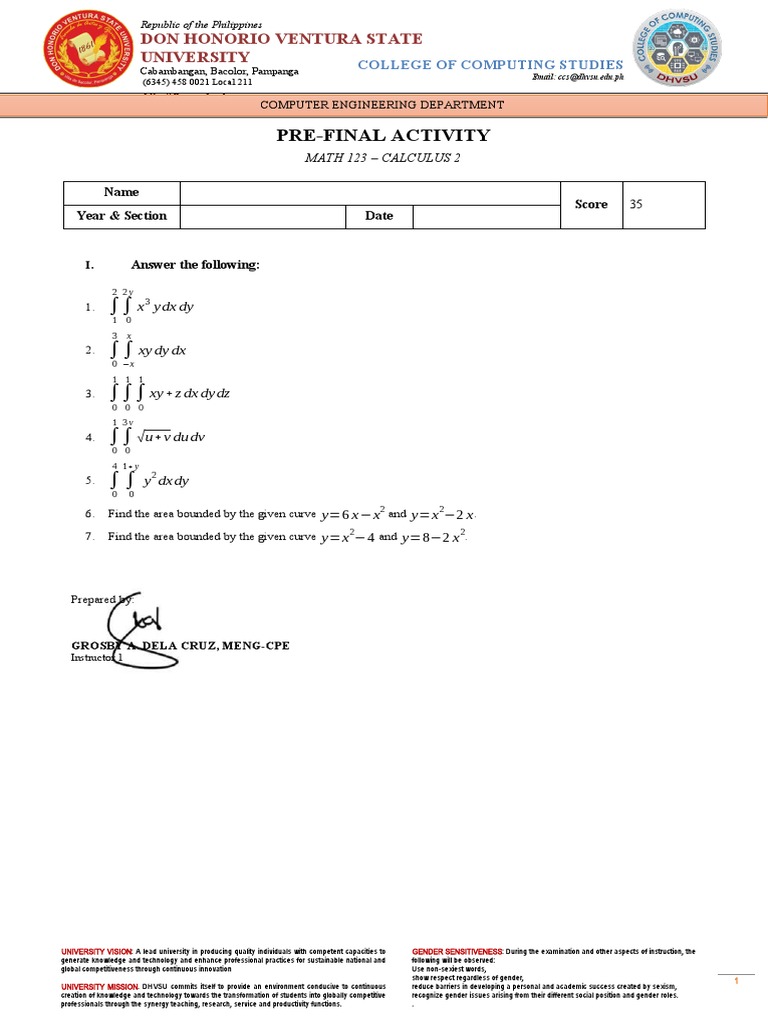 DHVSU Calculus 2 Pre-Final Activity | PDF | Science