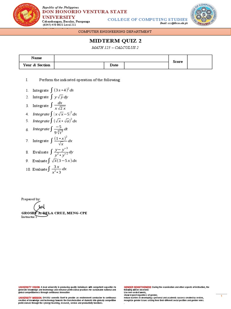 Calculus 2 - Midterm Quiz 1 | PDF