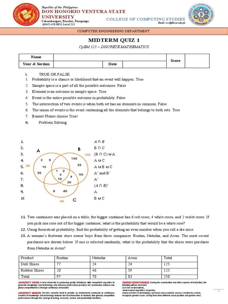 Discrete Math Midterm Quiz | PDF | Probability | University