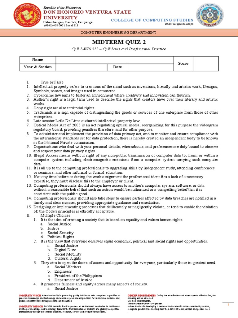 CpE Laws - Midterm Quiz 2 | PDF | Justice | Crime & Violence