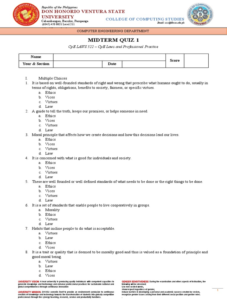 Cpe Laws Midterm Quiz 1 Download Free Pdf Virtue Ethics Utilitarianism 