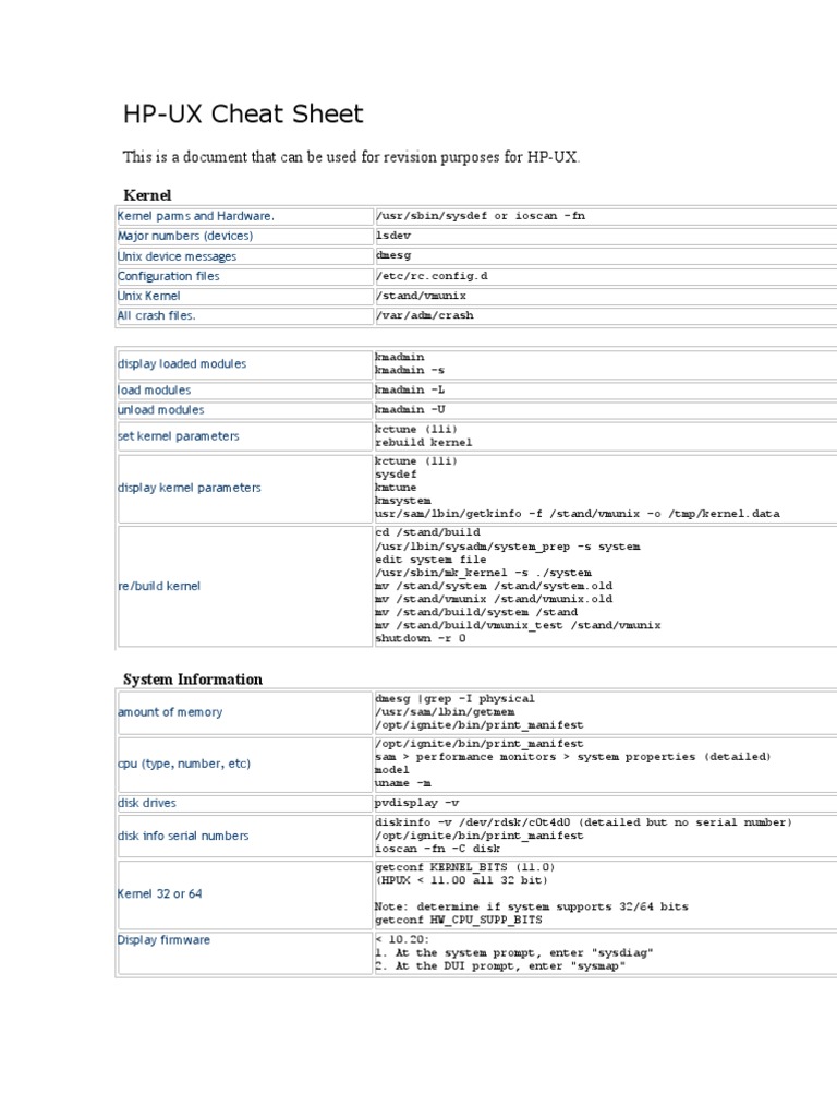 Hp Ux Cheat Sheet This Is A Document That Can Be Used For Revision