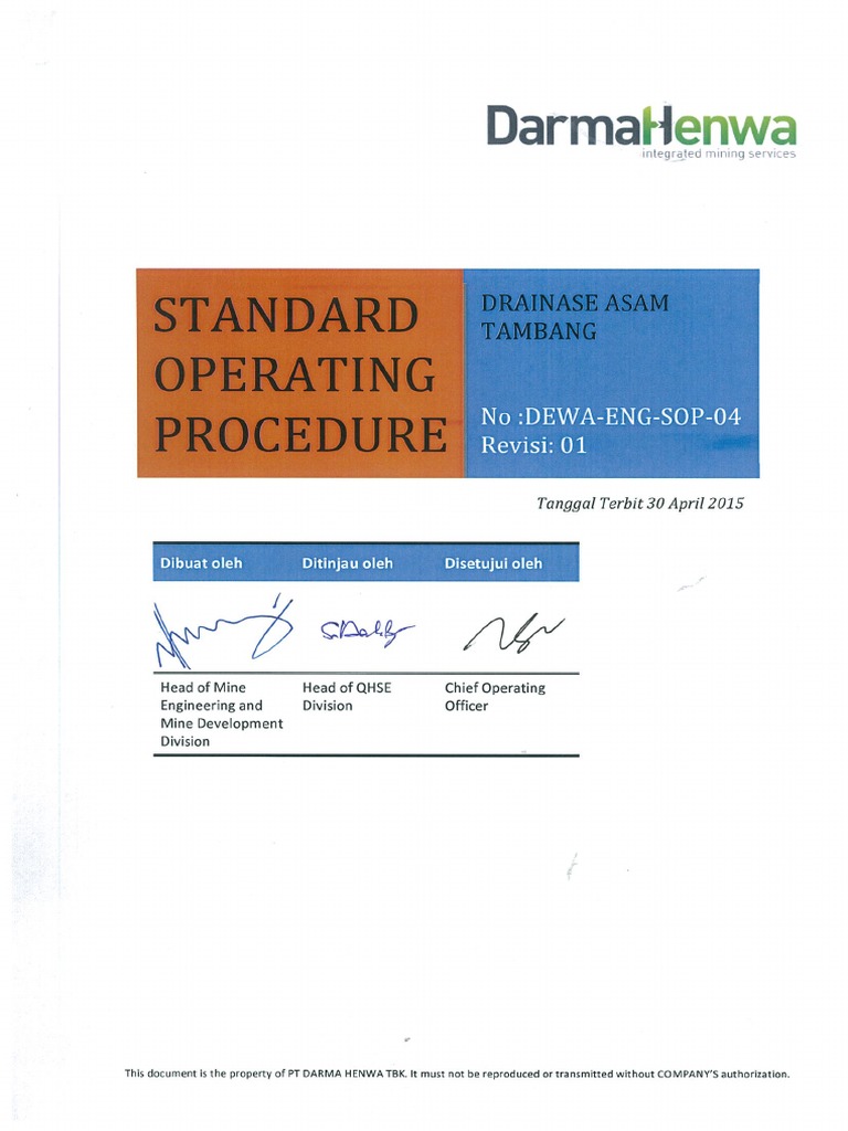 DEWA ENG SOP 04 R1 Drainase Asam Tambang | PDF