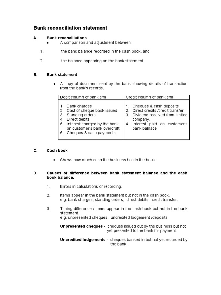 Bank Reconciliation Statement Guide | PDF | Banks | Cheque